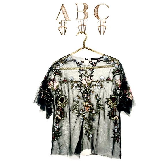 Zara | Tops | Zara Black Floral Embroidered Tulle Sheer Top | Poshmark